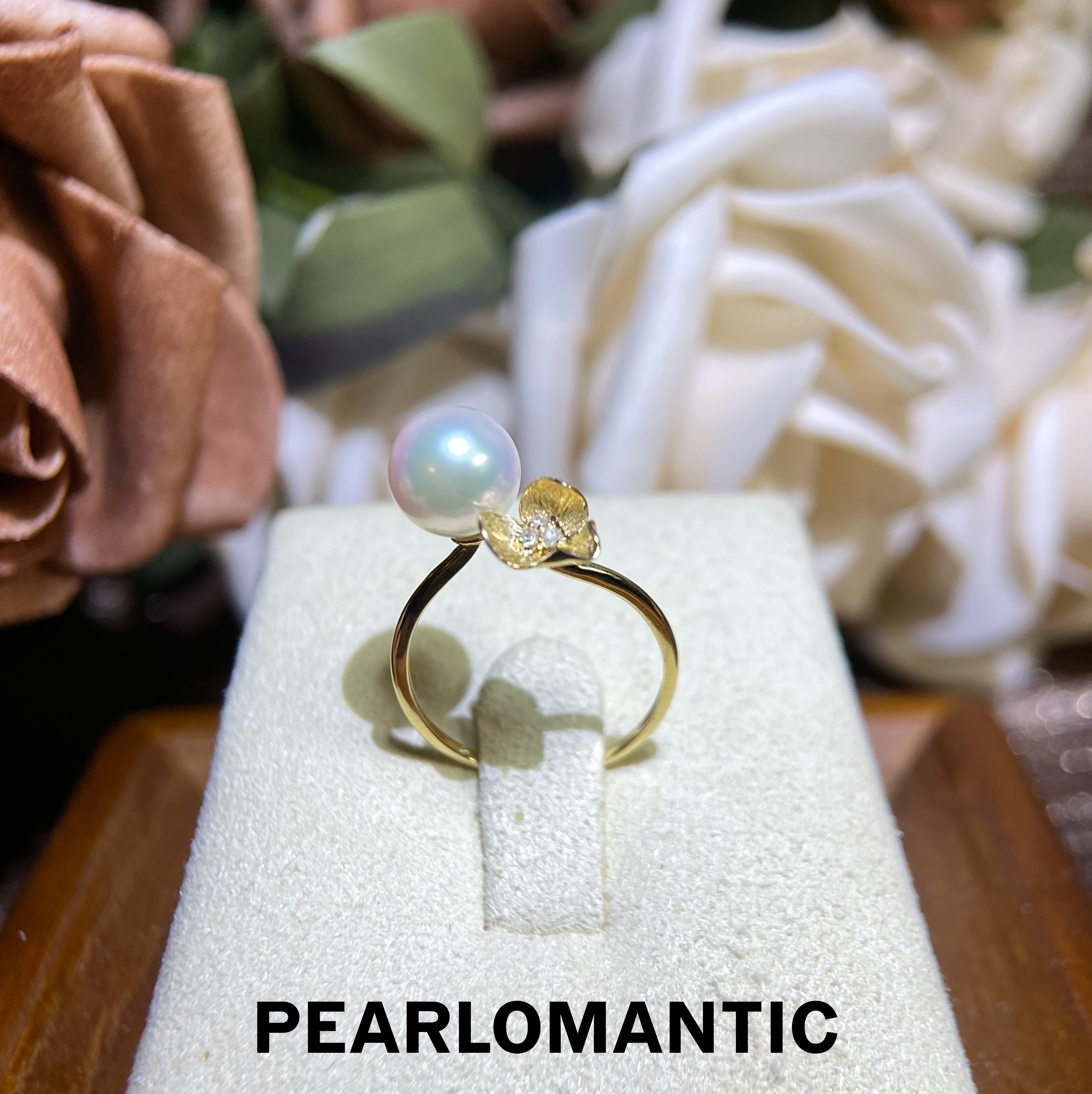 [Fine Jewelry] Akoya Pearl White Color & 18k Gold & Diamonds Floral Ri ...